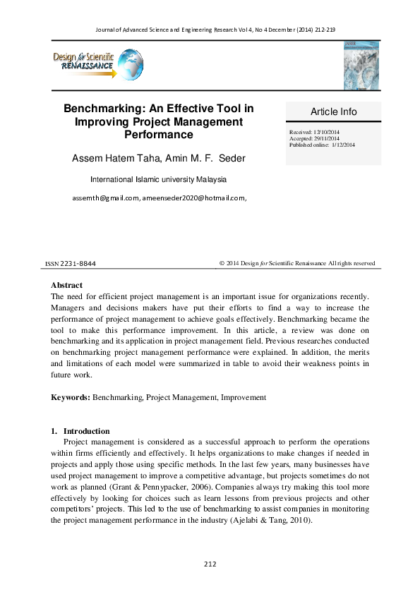 (PDF) Benchmarking: An Effective Tool in Improving Project Management ...