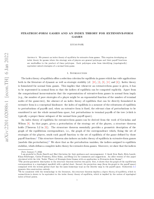 (PDF) Strategic form games and an Index Theory for Extensive form games