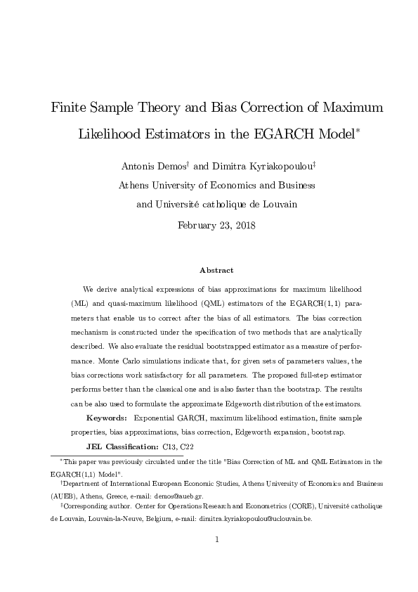 (PDF) Finite-Sample Theory and Bias Correction of Maximum Likelihood Estimators in the EGARCH Model