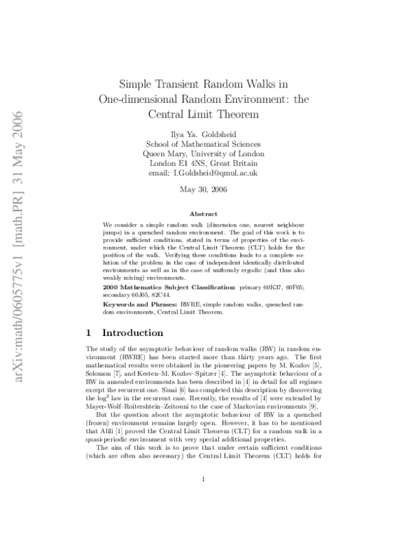 Pdf Simple Transient Random Walks In One Dimensional Random Environment The Central Limit Theorem