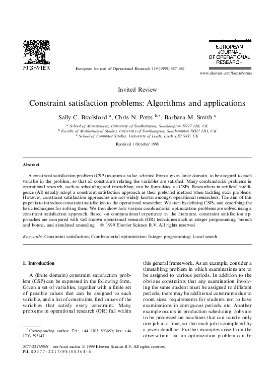 Pdf Constraint Satisfaction Problems Algorithms And Applications