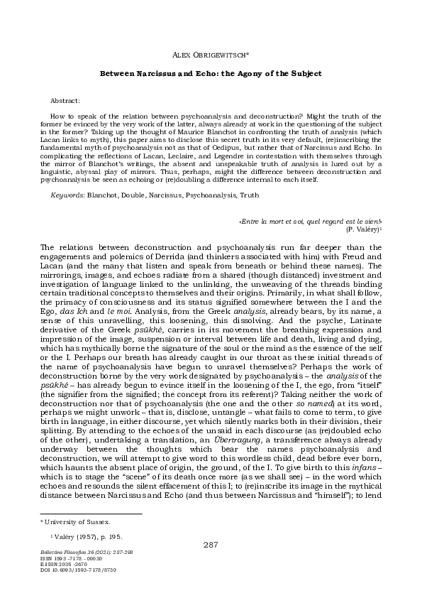 (PDF) Between Narcissus and Echo: the Agony of the Subject