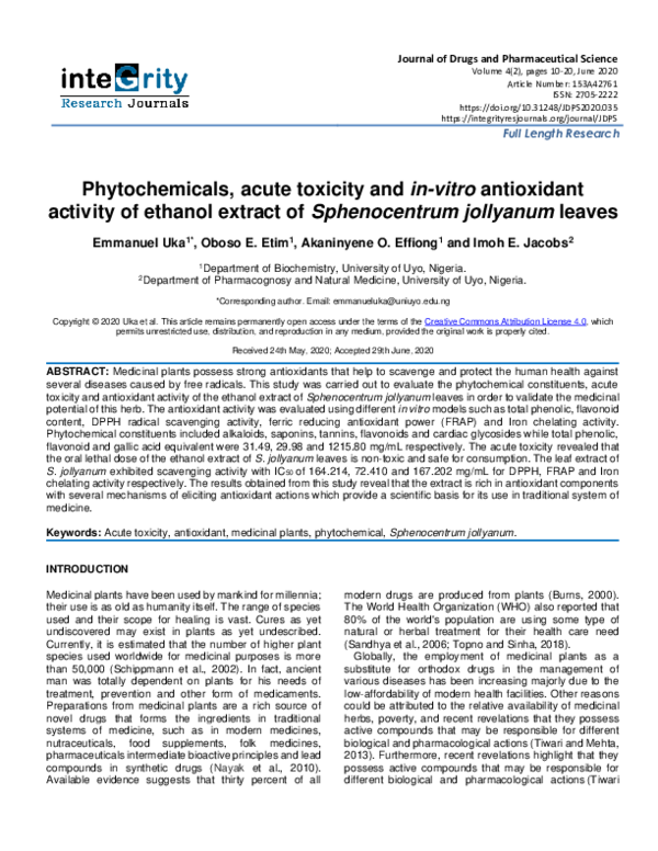 (PDF) Phytochemicals, acute toxicity and in-vitro antioxidant activity of ethanol extract of ...