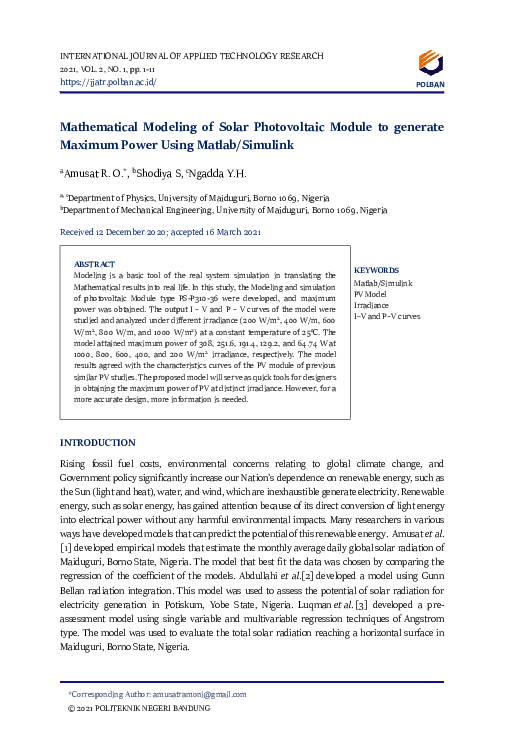 (PDF) Mathematical Modeling of Solar Photovoltaic Module to generate Maximum Power Using Matlab ...