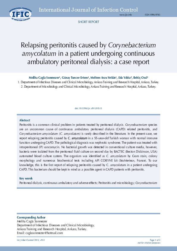 (PDF) Relapsing peritonitis caused by Corynebacterium amycolatum in a ...