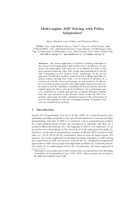 (PDF) Multi-engine ASP solving with policy adaptation