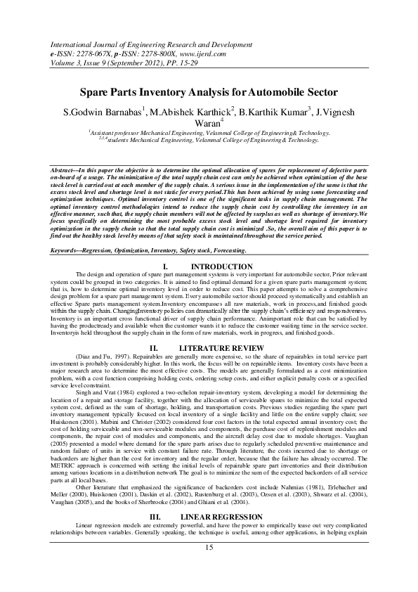 (PDF) Spare Parts Inventory Analysis for Automobile Sector