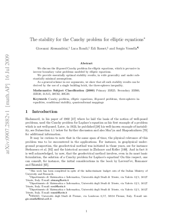 (PDF) The stability for the Cauchy problem for elliptic equations