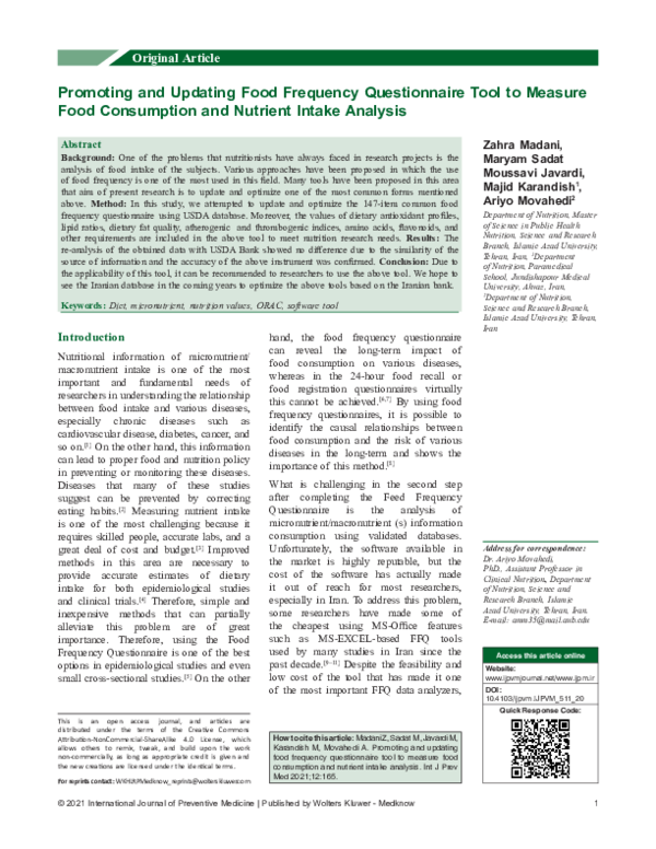 (PDF) Promoting and Updating Food Frequency Questionnaire Tool to ...