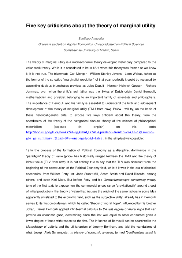 (PDF) Five key criticisms about the theory of marginal utility