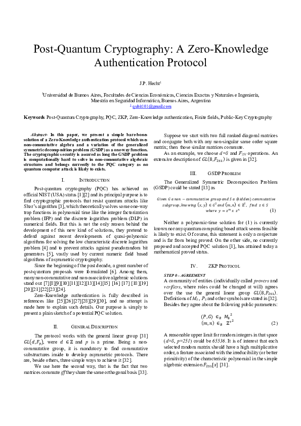 Pdf Post Quantum Cryptography A Zero Knowledge Authentication