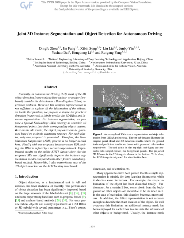 Pdf Joint 3d Instance Segmentation And Object Detection For Autonomous Driving Xibin Song