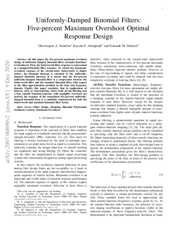 (PDF) Uniformly-Damped Binomial Filters: Five-percent Maximum Overshoot ...