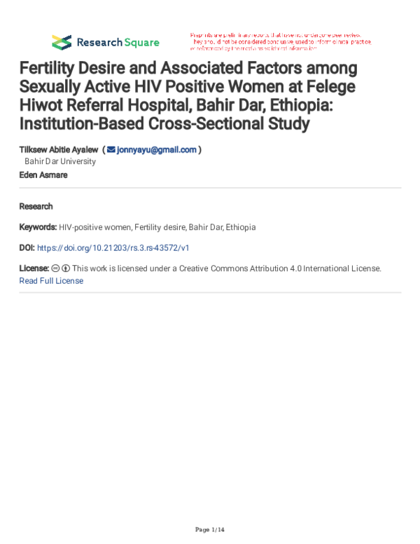 (PDF) Fertility Desire and Associated Factors among Sexually Active HIV Positive Women at Felege ...