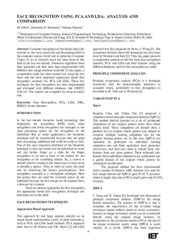 Pdf Face Recognition Using Pca And Lda Analysis And Comparison