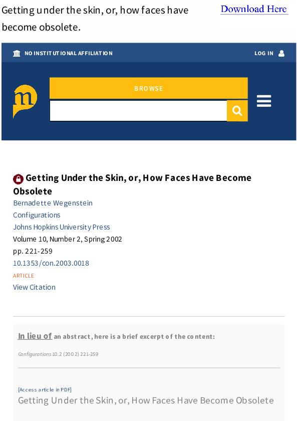 (PDF) Getting Under the Skin, or, How Faces Have Become Obsolete