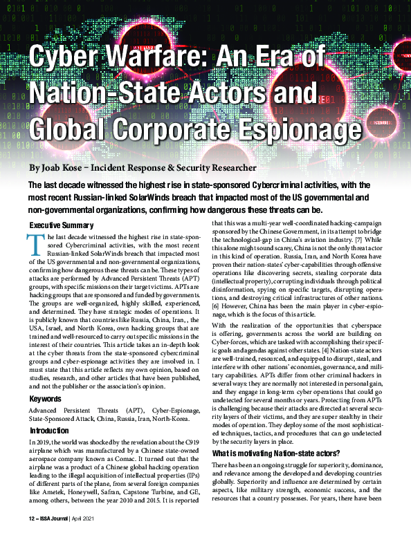 (PDF) Cyber Warfare: An Era of Nation-State Actors and Global Corporate ...