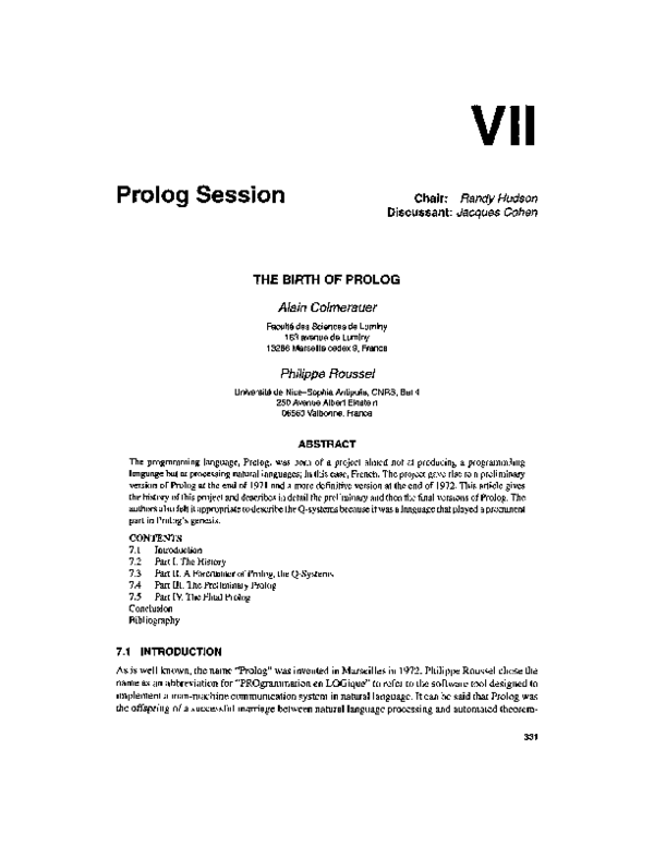 (PDF) The birth of Prolog