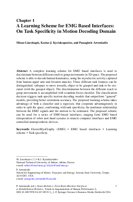 Pdf A Learning Scheme For Emg Based Interfaces On Task Specificity In Motion Decoding Domain