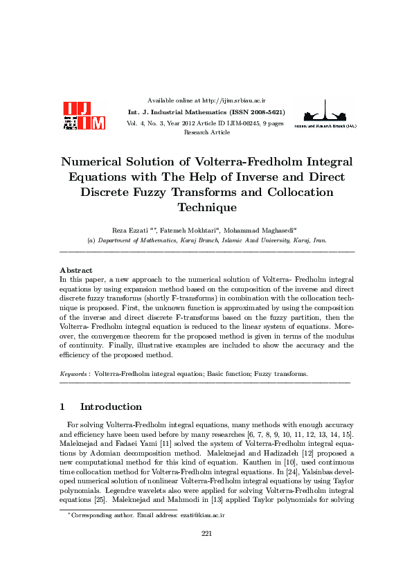 Pdf Numerical Solution Of Volterra Fredholm Integral Equations Using Hybrid Orthonormal 