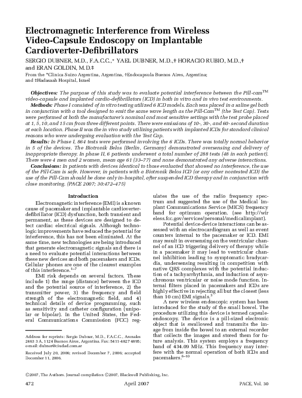 (PDF) Electromagnetic Interference from Wireless Video-Capsule Endoscopy on Implantable ...