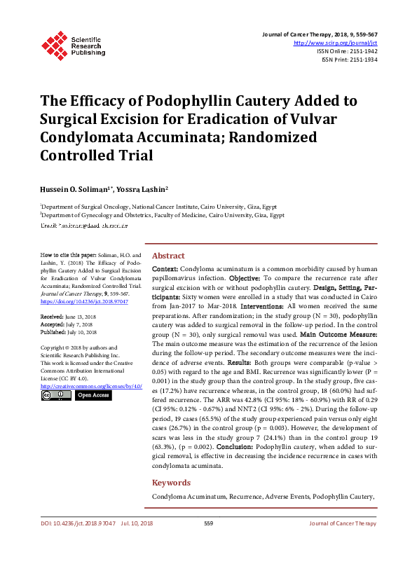 (PDF) The Efficacy of Podophyllin Cautery Added to Surgical Excision ...