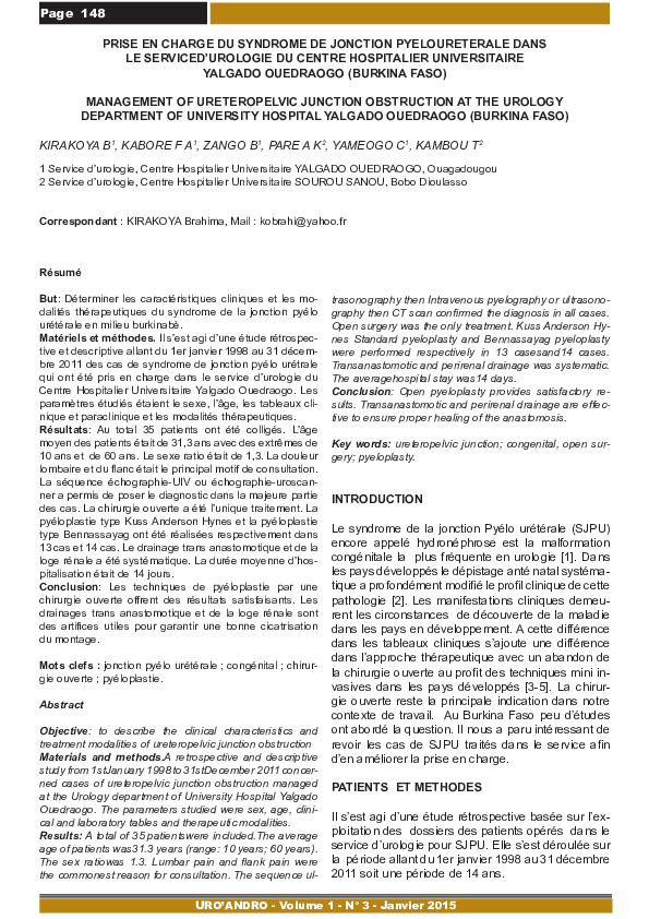 (PDF) Prise en Charge Du Syndrome De Jonction Pyeloureterale Dans Le ...