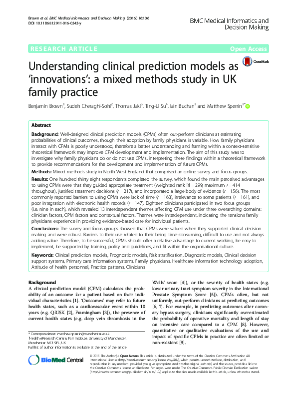 (PDF) Understanding clinical prediction models as 'innovations': a ...