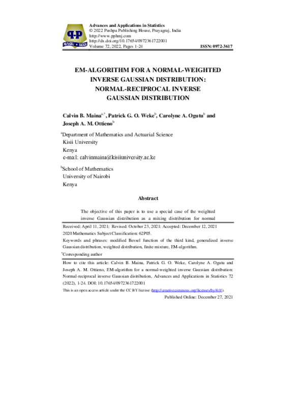 Em Algorithm For A Normal Weighted Inverse Gaussian Distribution Normal Reciprocal Inverse