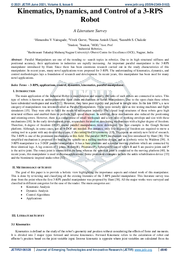 (PDF) Kinematics, Dynamics, and Control of a 3-RPS Robot