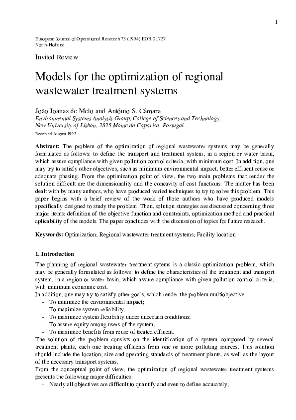 (PDF) Models for the optimization of regional wastewater treatment systems