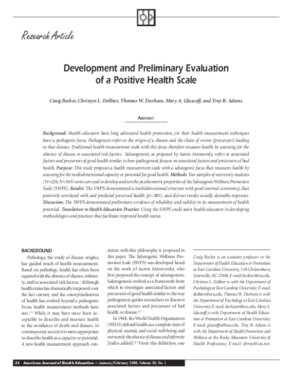 (PDF) Development and Preliminary Evaluation of a Positive Health Scale