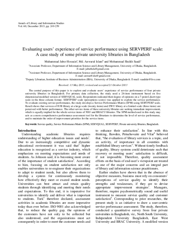 (PDF) Evaluating user’s experience of service performance using ...