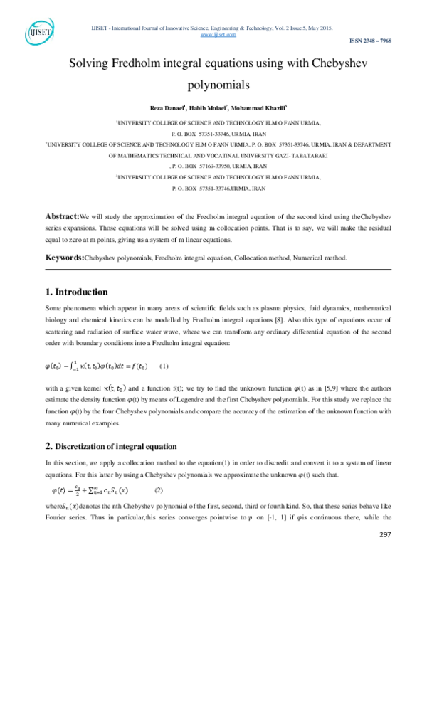 (PDF) Solving Fredholm integral equations using with Chebyshev polynomials