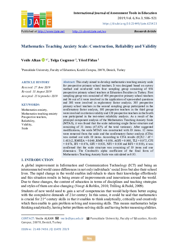 (PDF) Mathematics Teaching Anxiety Scale: Construction, Reliability and ...
