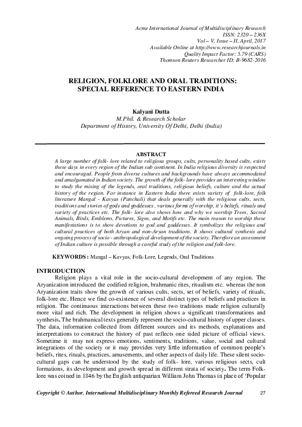 (PDF) RELIGION, FOLKLORE AND ORAL TRADITIONS: SPECIAL REFERENCE TO ...