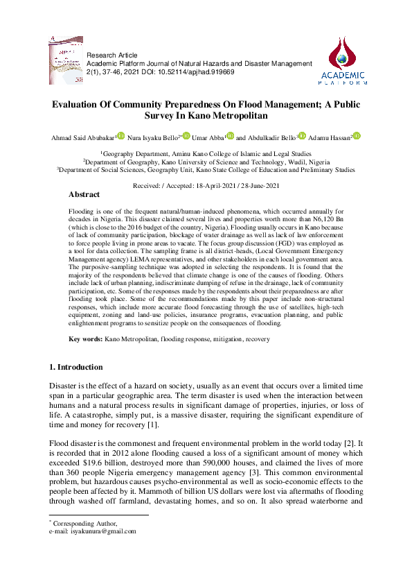 (PDF) Evaluation Of Community Preparedness On Flood Management; A ...