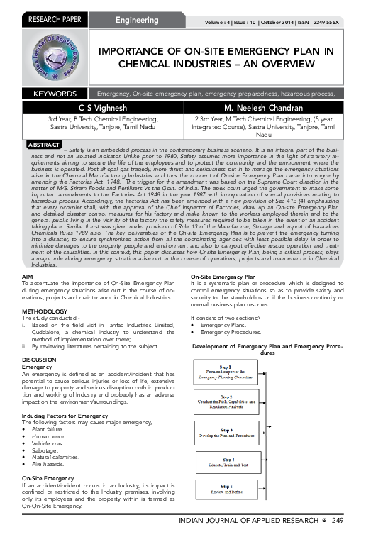 (PDF) Importance of On-Site Emergency Plan in Chemical Industries - an ...