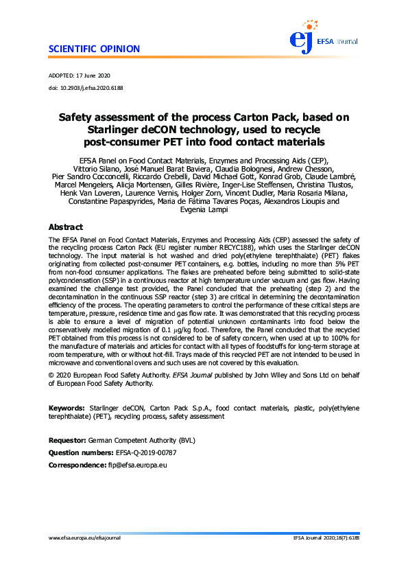(PDF) Safety assessment of the process Carton Pack, based on Starlinger ...