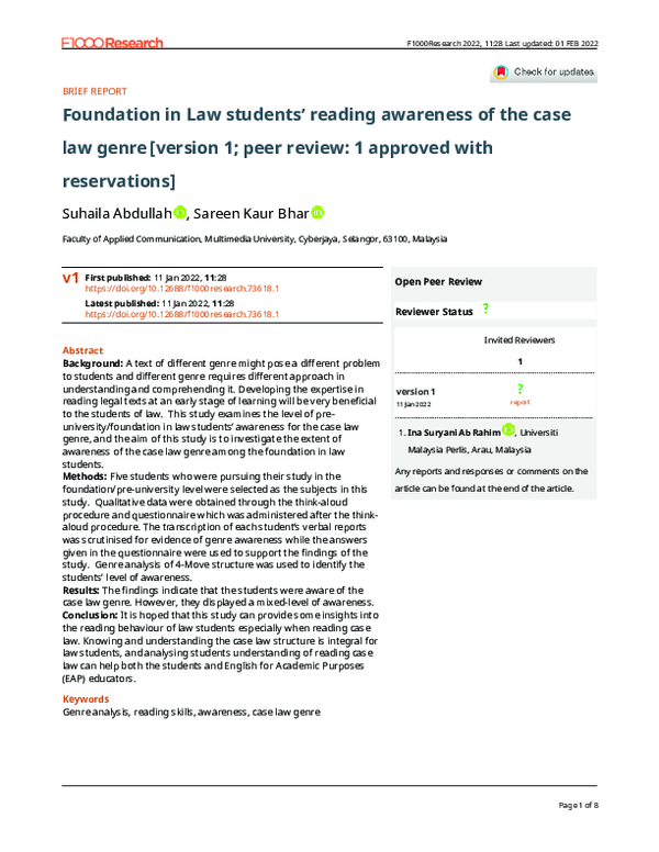 (PDF) Foundation in Law students’ reading awareness of the case law ...