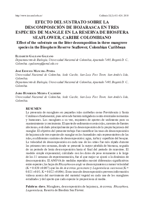 (PDF) Efecto Del Sustrato Sobre La Descomposición De Hojarasca en Tres ...