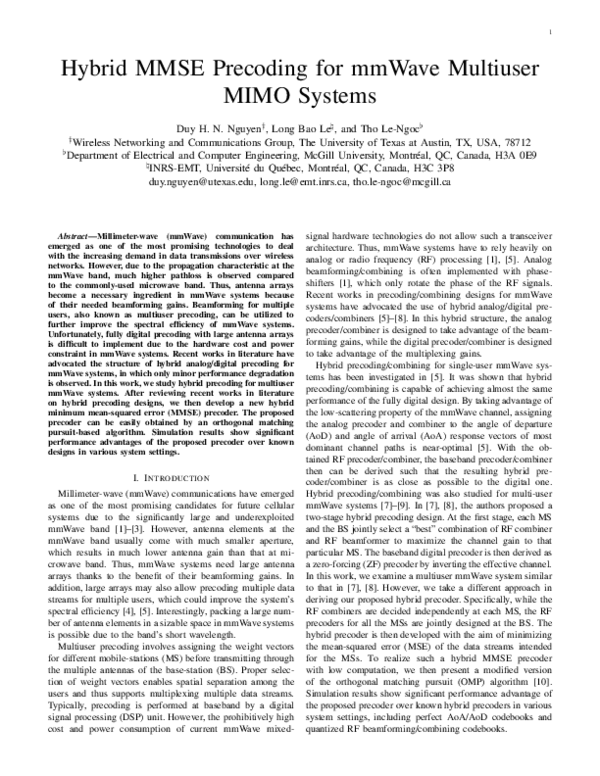 Pdf Hybrid Mmse Precoding For Mmwave Multiuser Mimo Systems