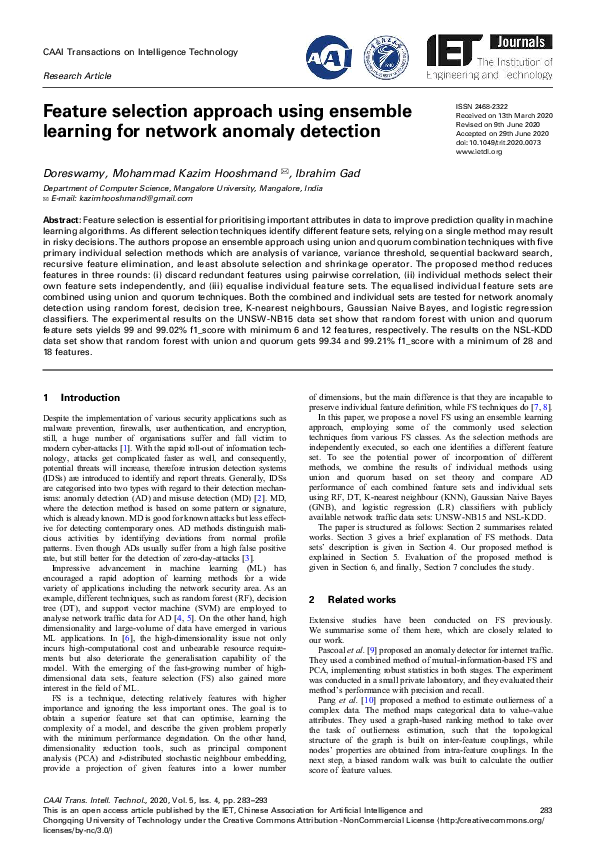 Pdf Feature Selection Approach Using Ensemble Learning For Network Anomaly Detection