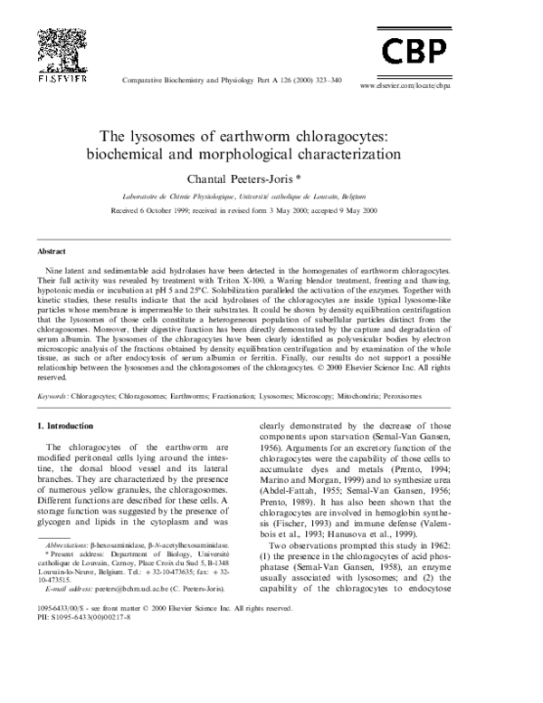 (PDF) The lysosomes of earthworm chloragocytes: biochemical and ...