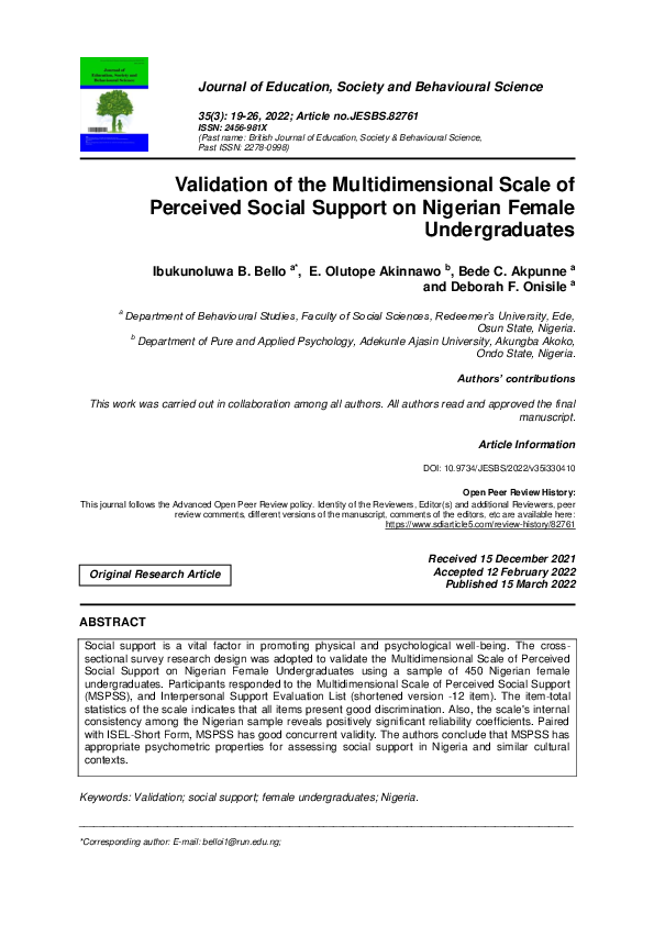 (PDF) Validation of the Multidimensional Scale of Perceived Social Support on Nigerian Female ...