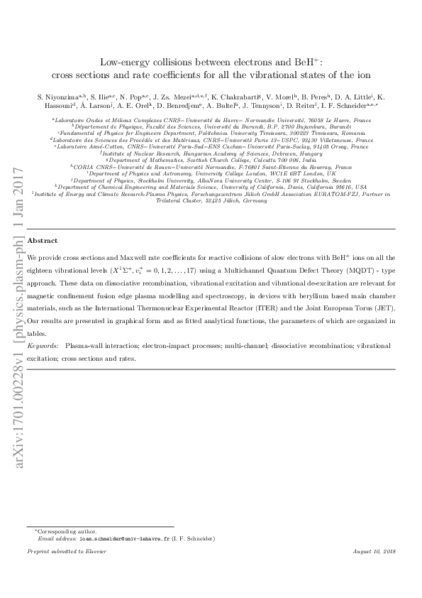 (PDF) Low-energy collisions between electrons and BeH + : Cross ...