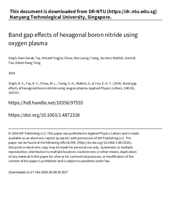 (PDF) Band gap effects of hexagonal boron nitride using oxygen plasma