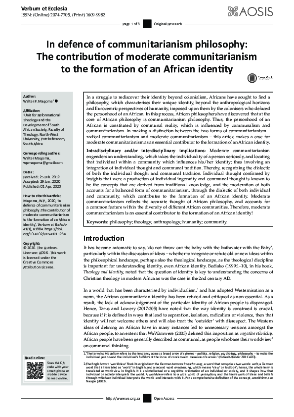 (PDF) In defence of communitarianism philosophy: The contribution of ...