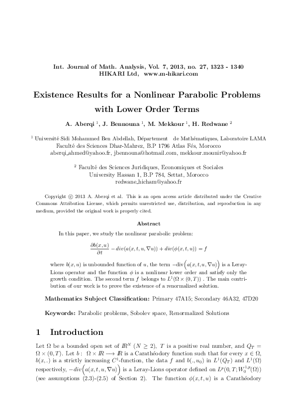 Pdf Existence Results For A Nonlinear Parabolic Problems With Lower Order Terms Ahmed Aberqi