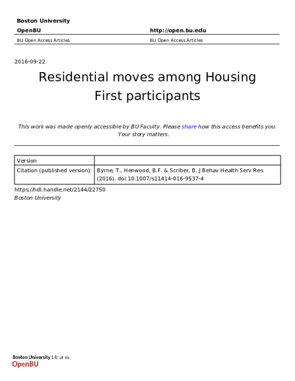 (PDF) Residential Moves Among Housing First Participants